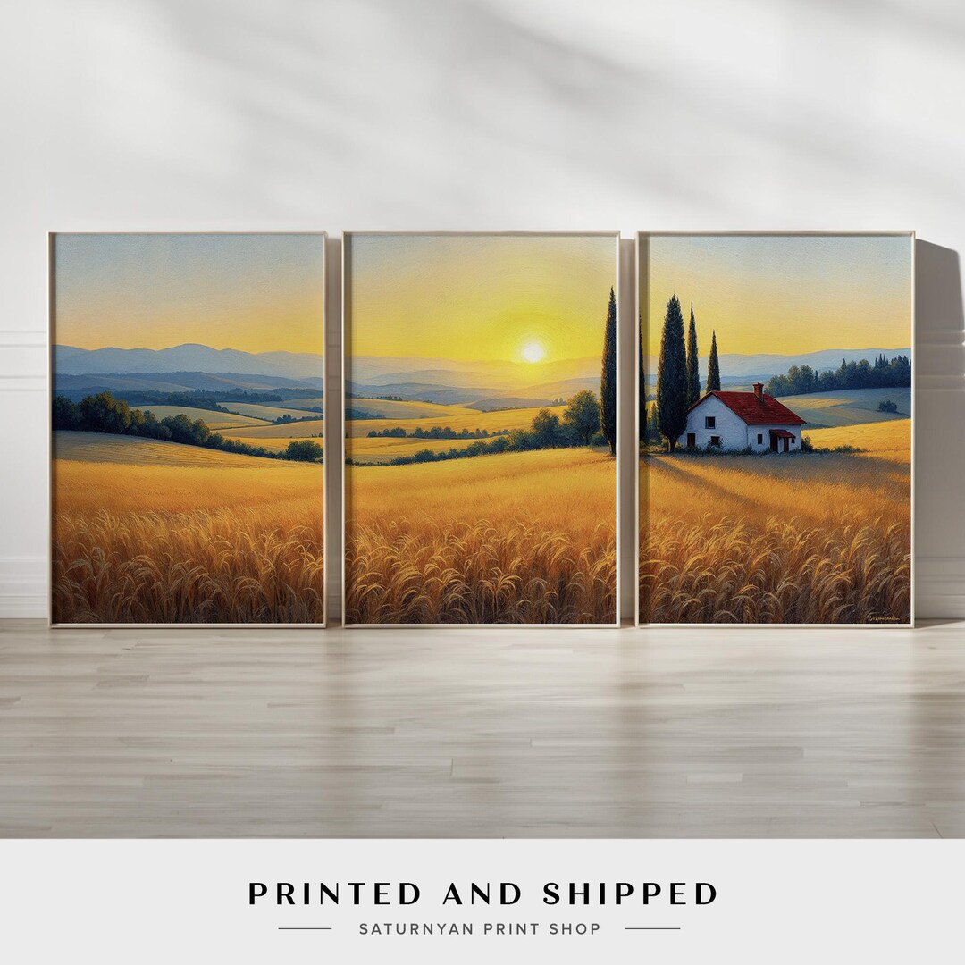 Golden Wheatfield Sunset Wall Art Set – Peaceful Countryside Scene With ...