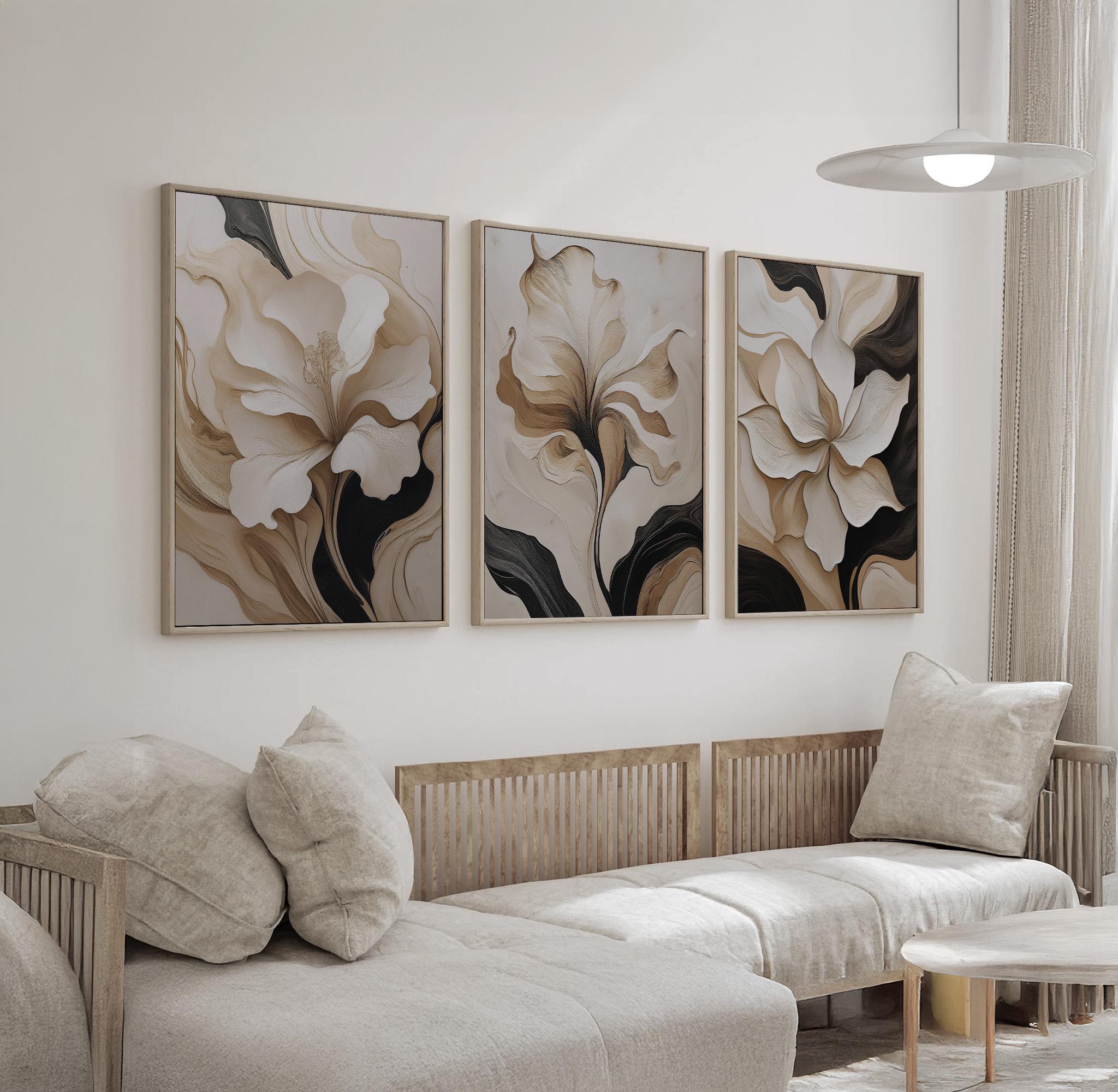 Elegant Black Beige Abstract Flower Art Set - Modern Minimalist ...