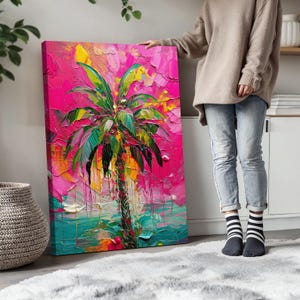 Tropical Palm Tree Art, Coastal Palm Tree Painting, Vibrant Pink Palm ...