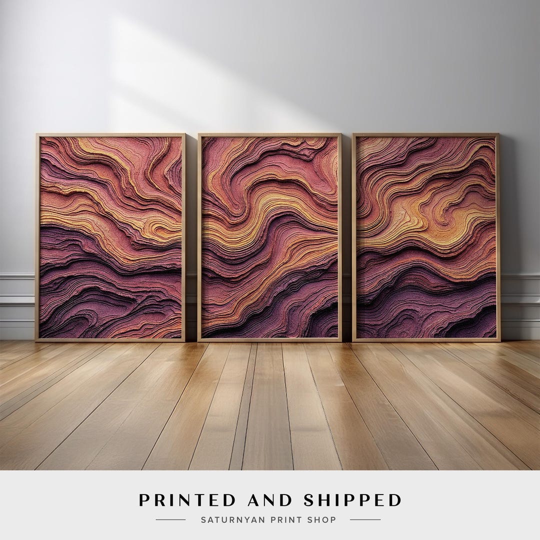 Boho Abstract Wall Art Set of 3 | Purple, Orange, and Gold Triptych ...
