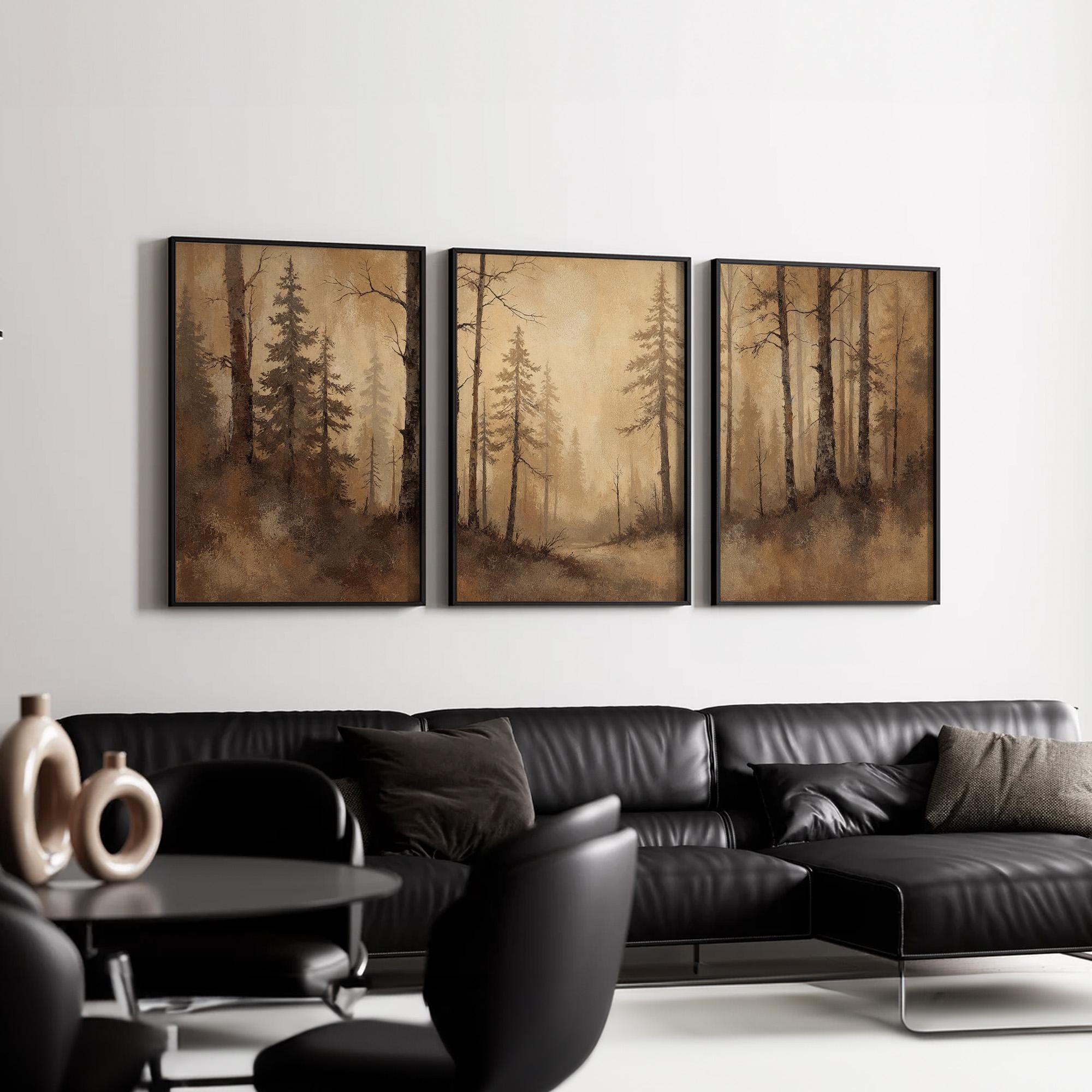 Rustic Sepia Forest Wall Art Triptych | Misty Tree Landscape Canvas ...