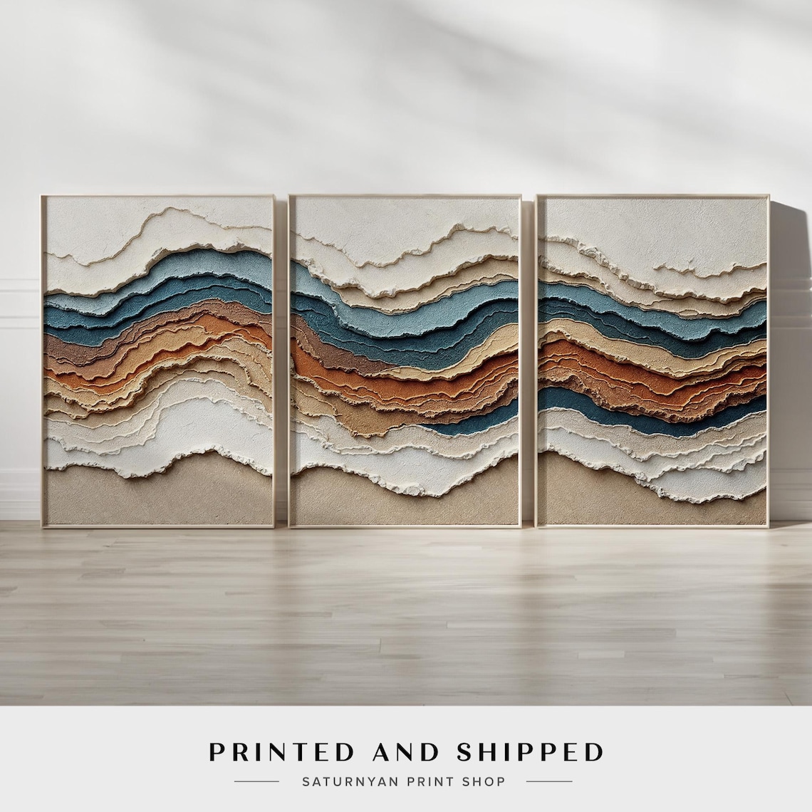 Geological Layered Abstract Wall Art | Earth Tones and Blue Set of 3 ...