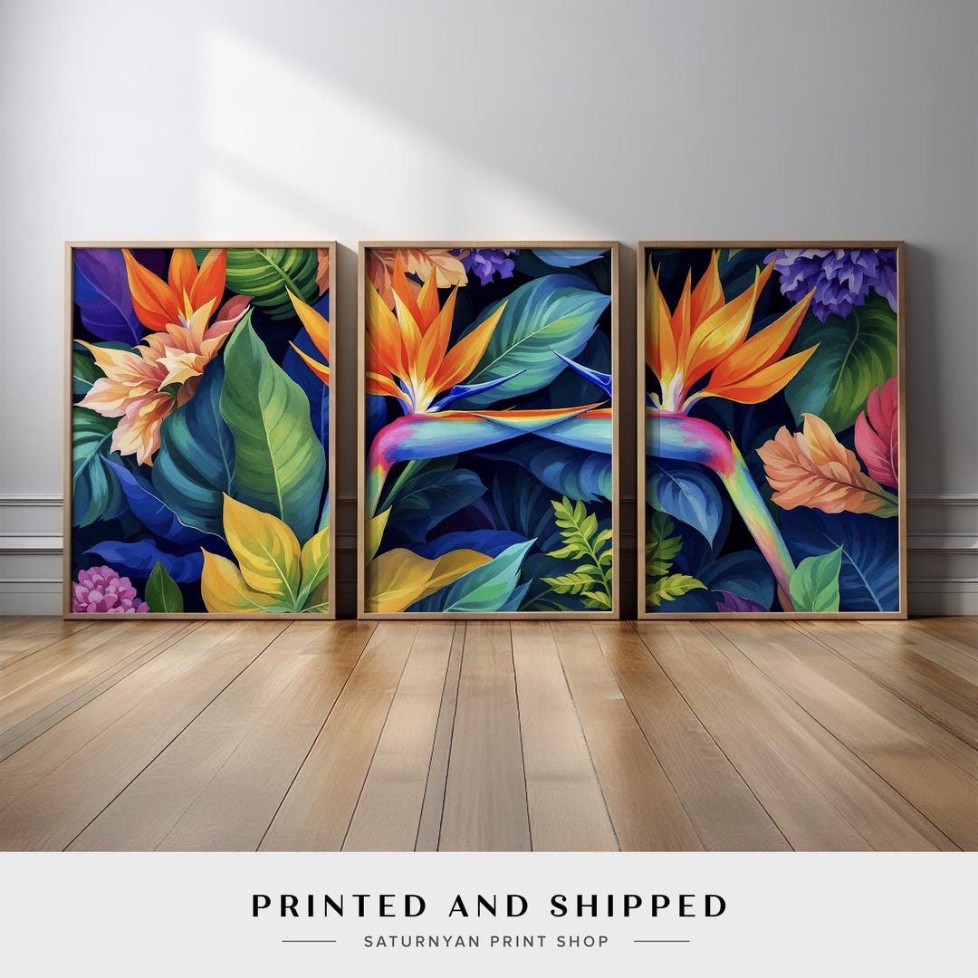 Bird of Paradise Tropical Triptych Wall Art Set | Vibrant Jungle Flower ...