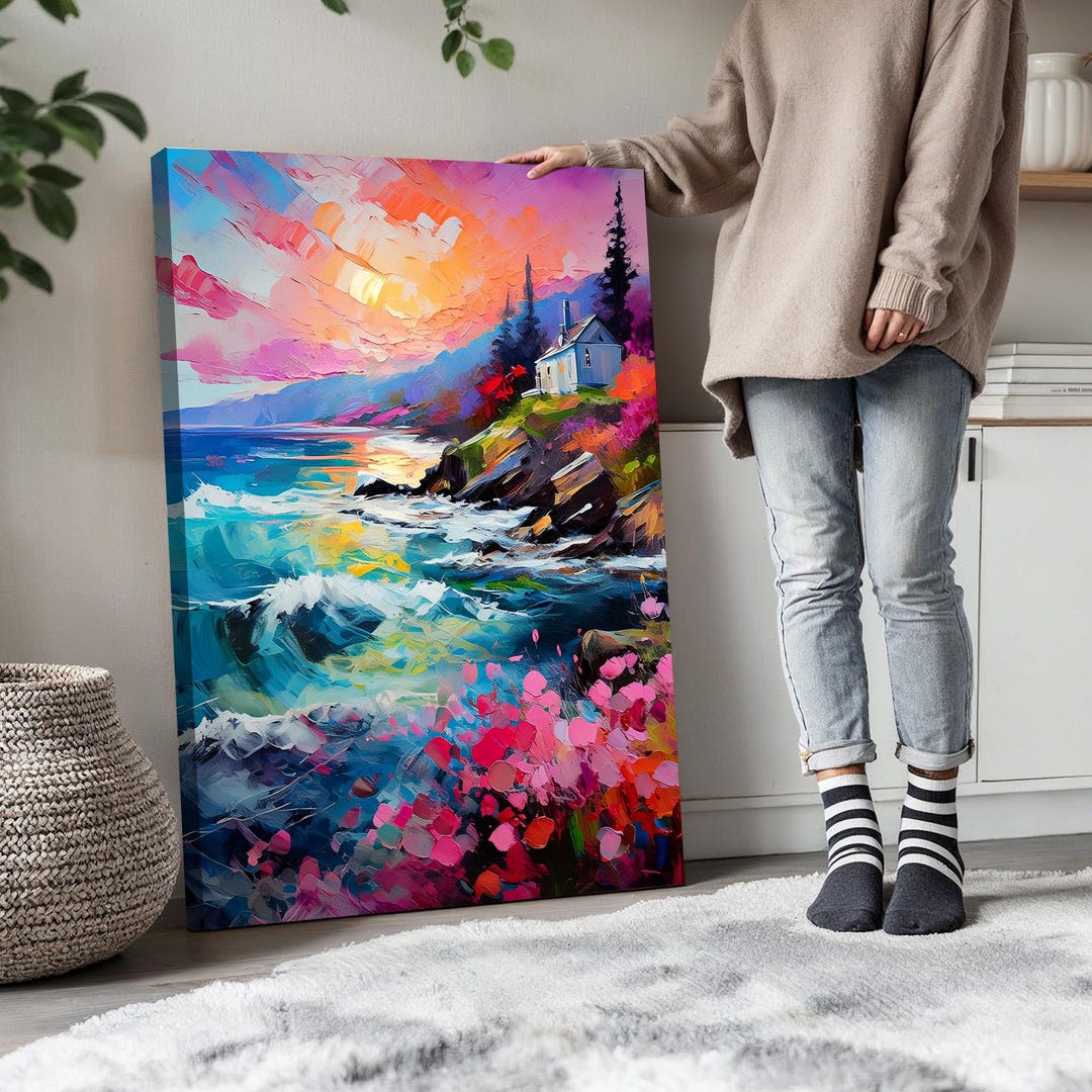 Beach House Painting, Coastal Wall Art, Ocean Home Decor, Seaside Wall ...