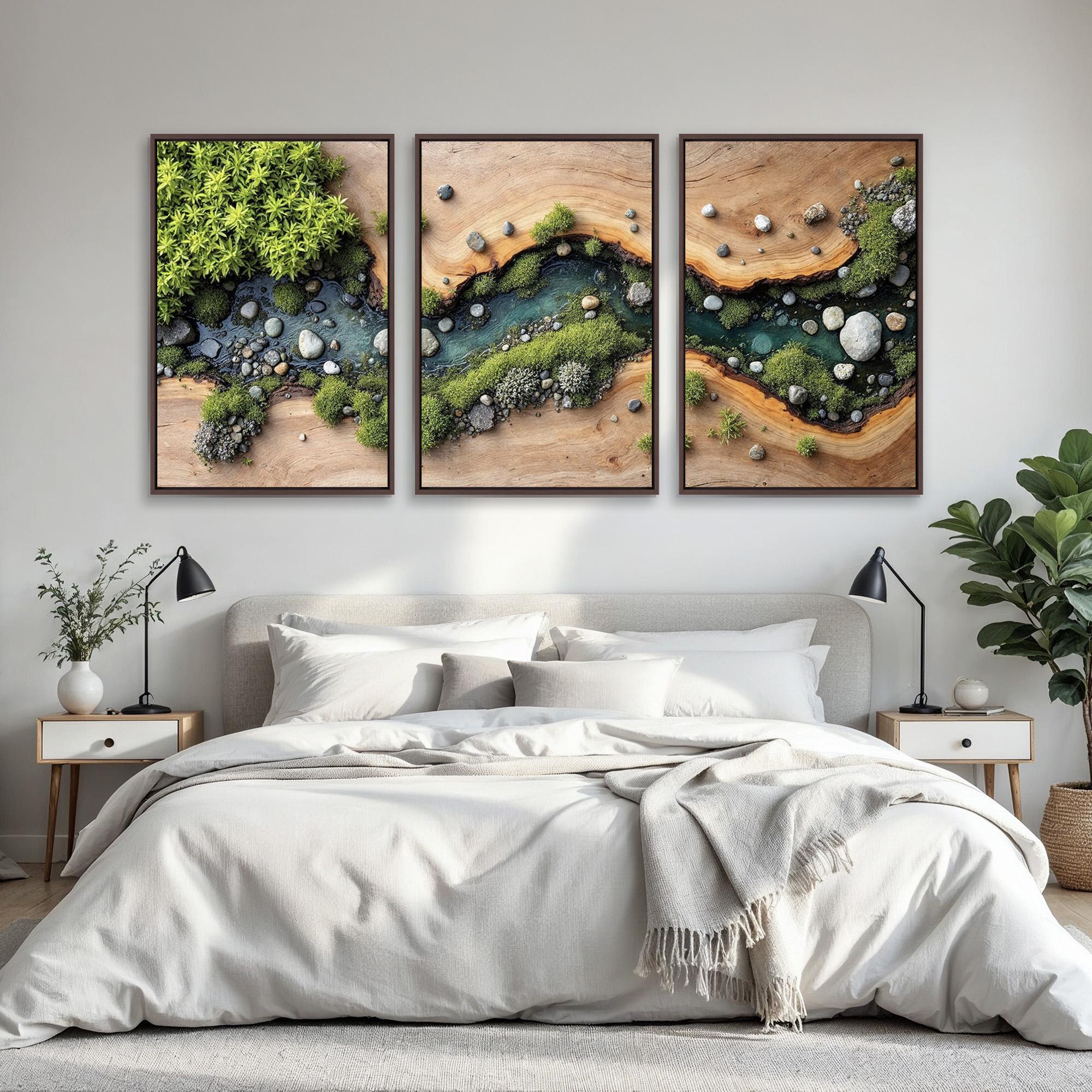 Nature Wall Art Set of 3 | River Flow With Green Moss and Stones on ...