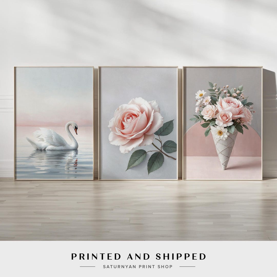 Pastel Swan and Rose Set of 3 Wall Art, Elegant Pink and White Floral ...