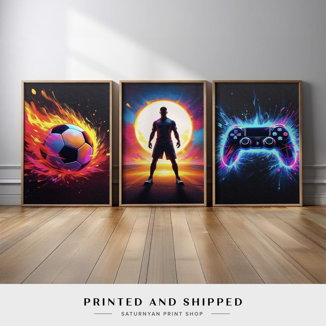 Gaming and Soccer Wall Art Triptych | Neon Playstation Controller ...