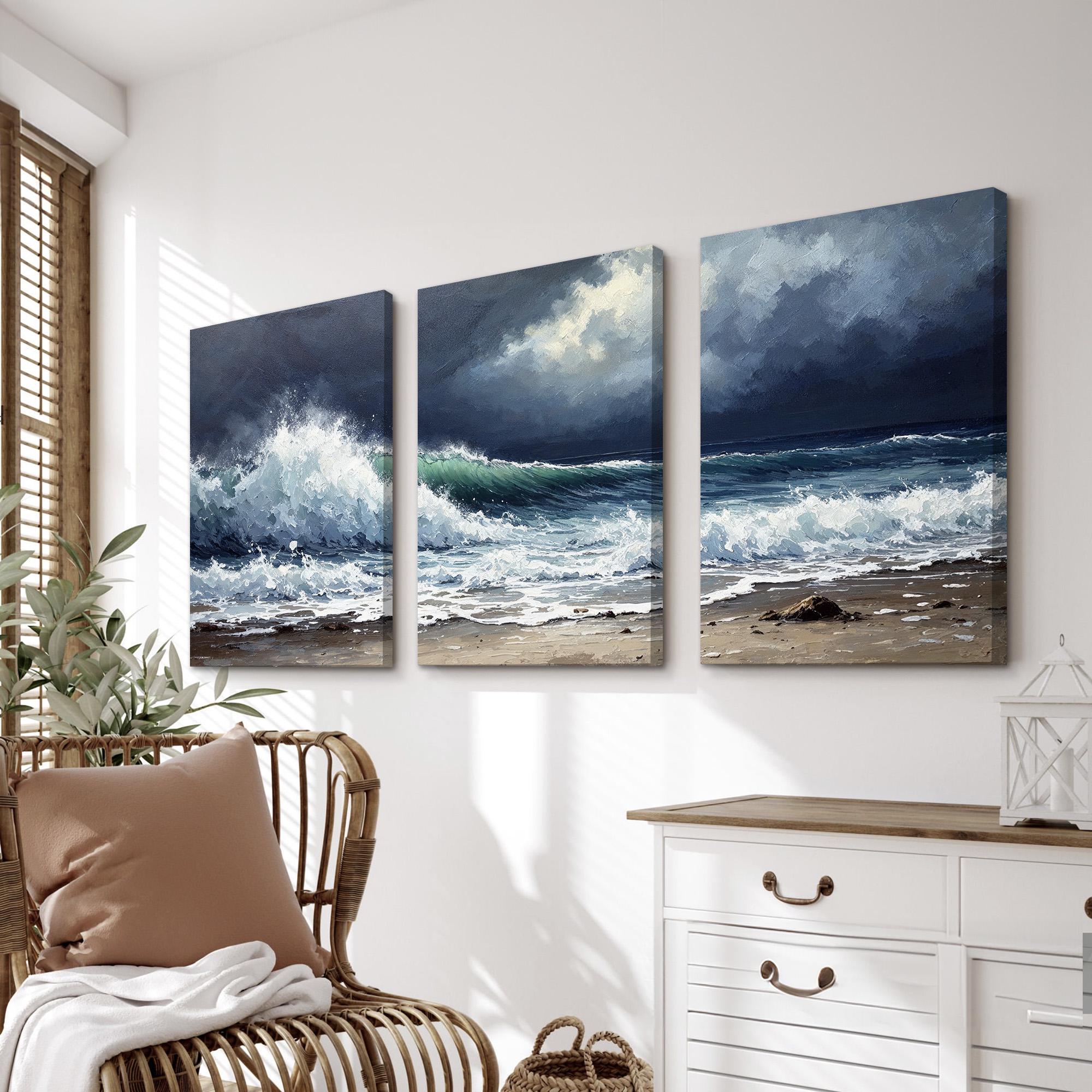 Ocean Wave Wall Art Set of 3 | Coastal Triptych Canvas Prints With ...