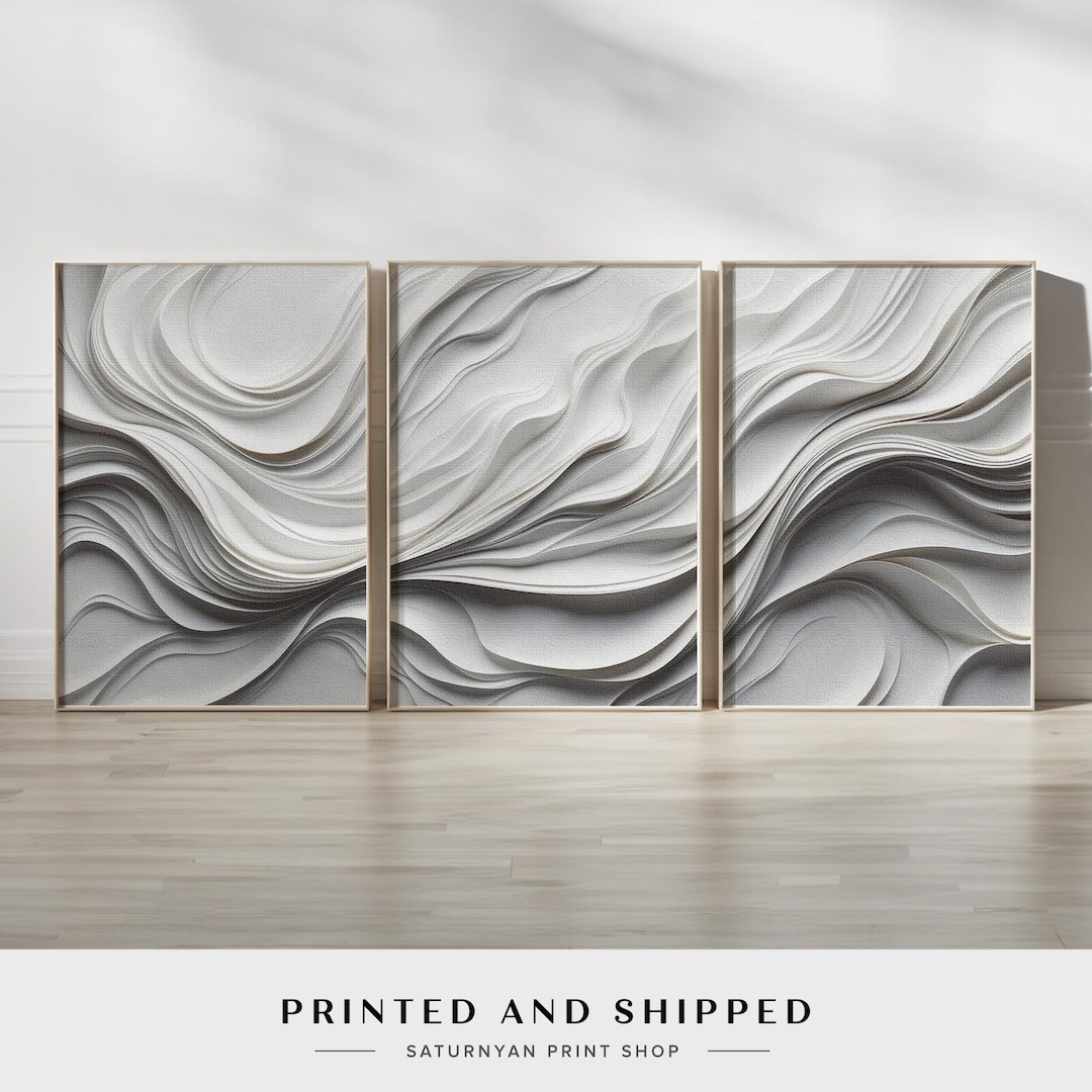 Neutral Abstract Wave Wall Art Set of 3 | Beige Cream Gray Minimalist ...