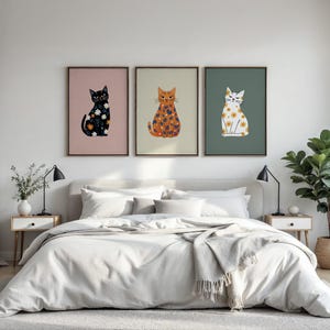 Boho Floral Cat Art Prints, Cute Cat Triptych, Playful Feline Wall Art ...