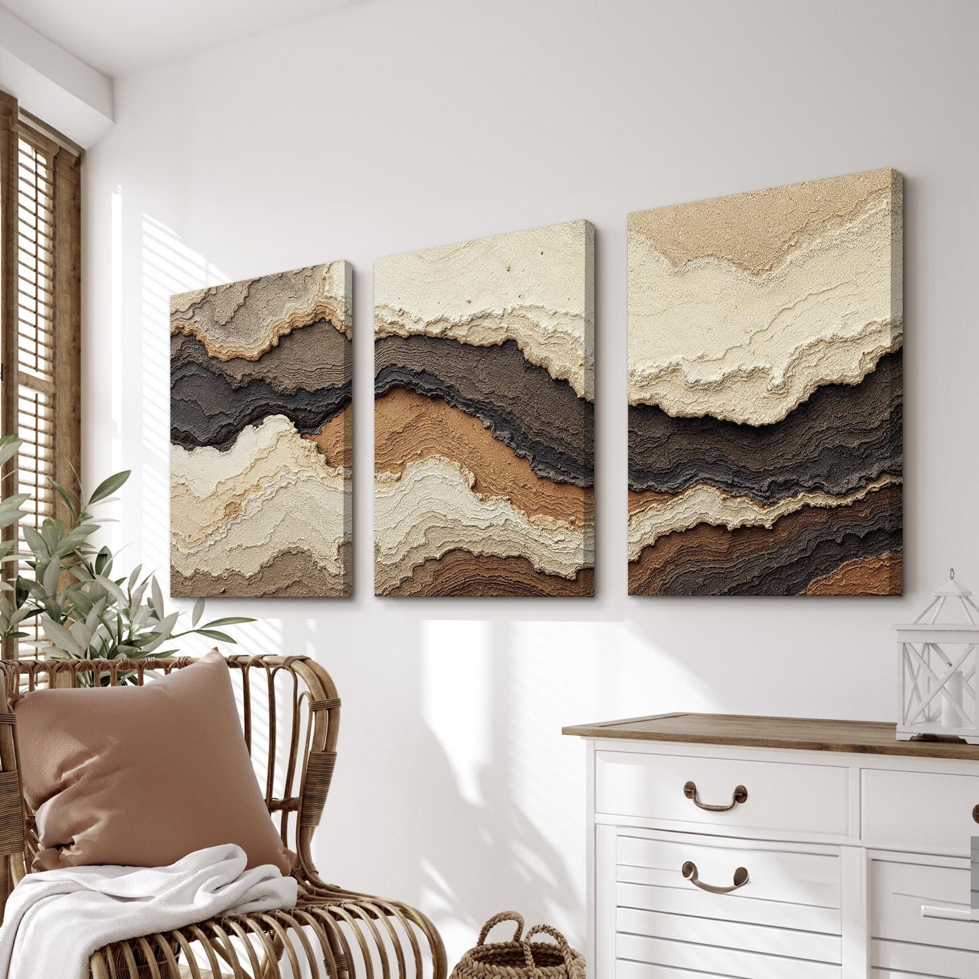 Earth Tone Abstract Wall Art Set of 3 | Geological Beige, Cream, and ...