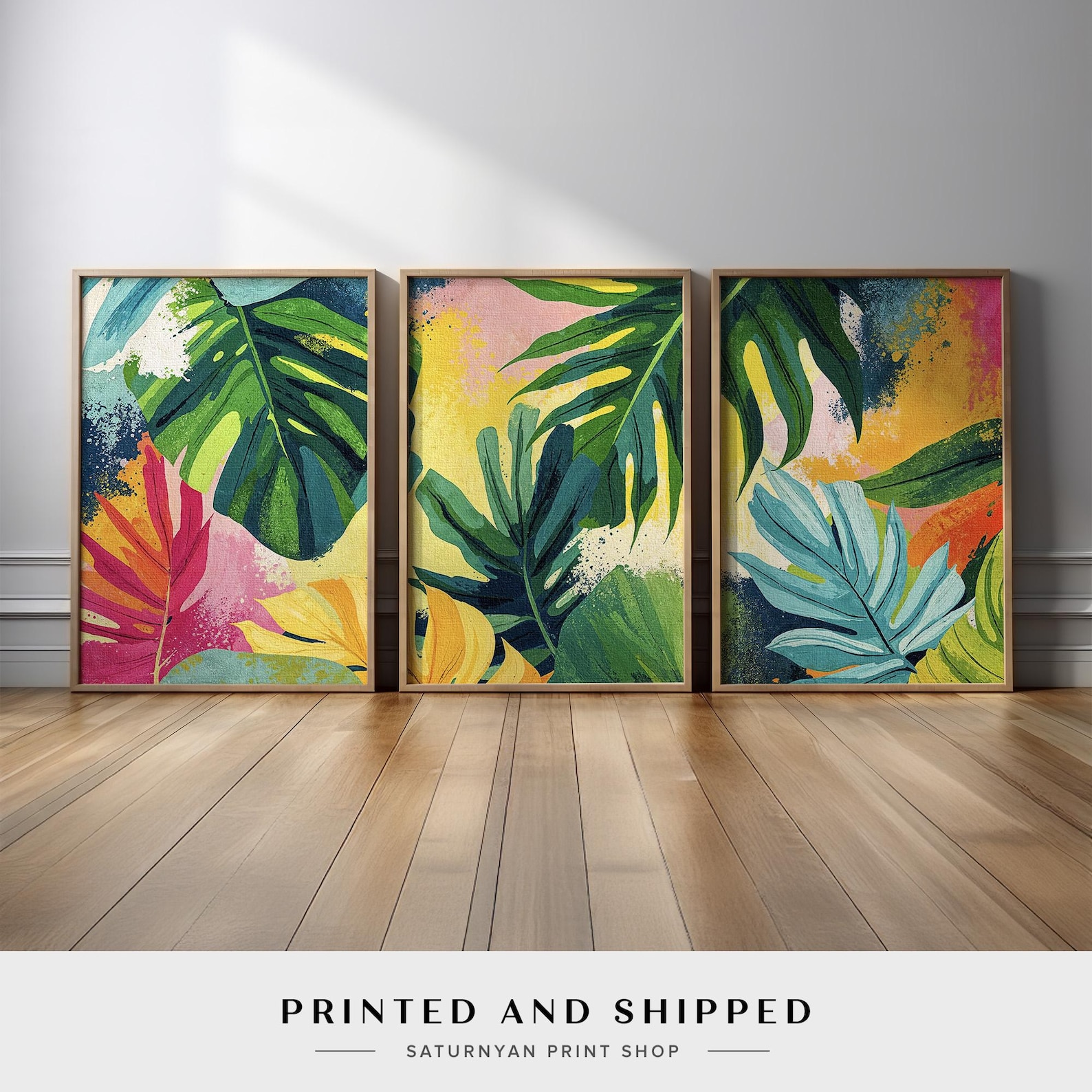 Colorful Tropical Leaves Wall Art Triptych | Vibrant Palm and Banana ...