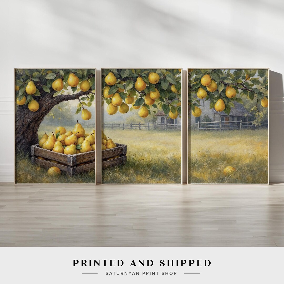 Rustic Pear Tree Wall Art – Triptych Set Featuring Ripe Pears in Wooden ...