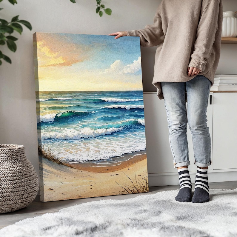 Beach Landscape Wall Art Set | Serene Ocean Waves and Sand Dunes Triptych | Modern Coastal ...