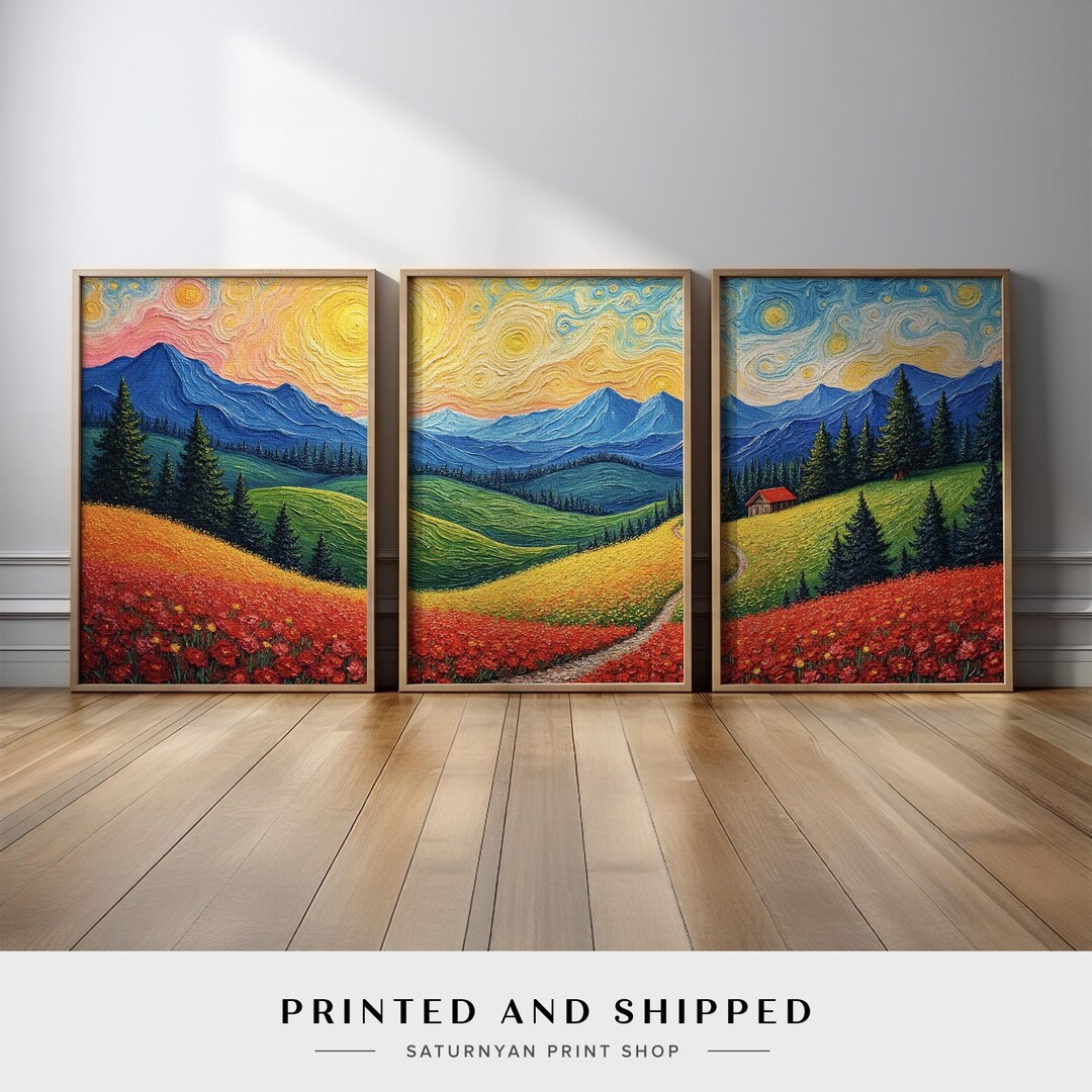 Van Gogh Inspired Mountain Wall Art Set of 3 | Colorful Landscape ...