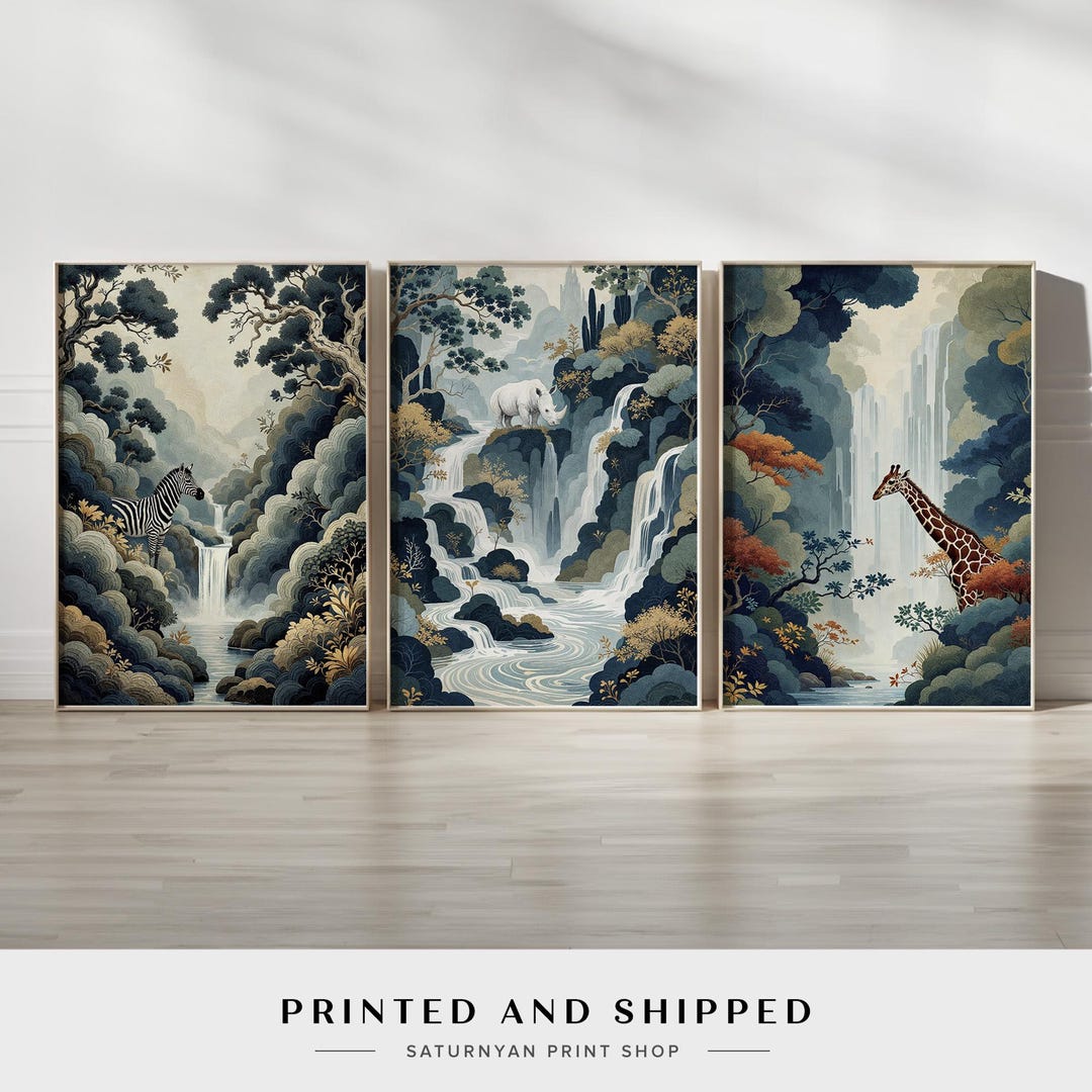 Jungle Safari Animal Wall Art Zebra, Rhino, and Giraffe Waterfall Scene ...