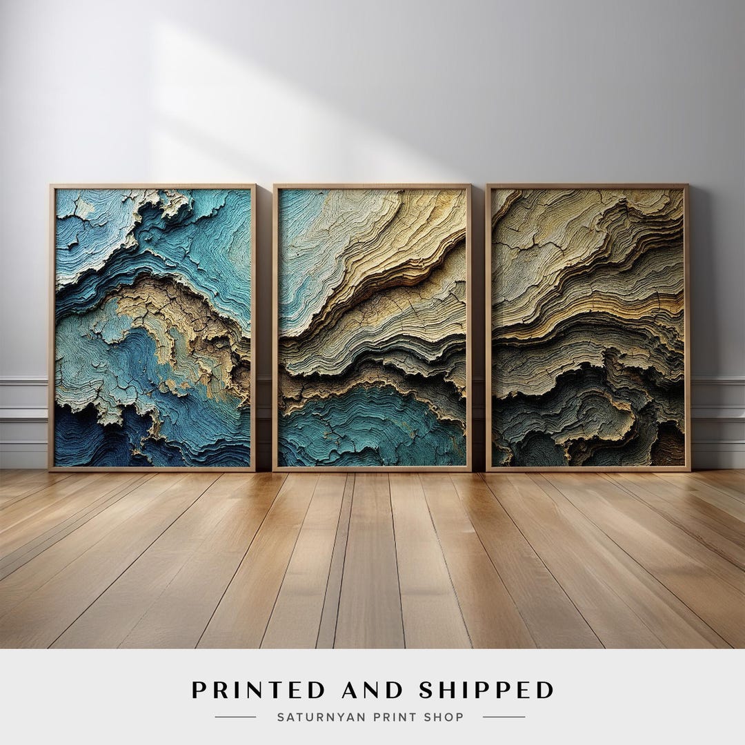 Abstract Geological Landscape Triptych | Blue and Neutral Layer Set of ...