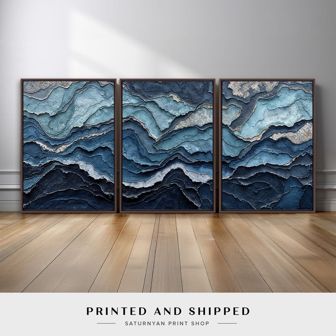 Blue Ocean Wave Inspired Abstract Wall Art Triptych | Navy Gray Canvas ...