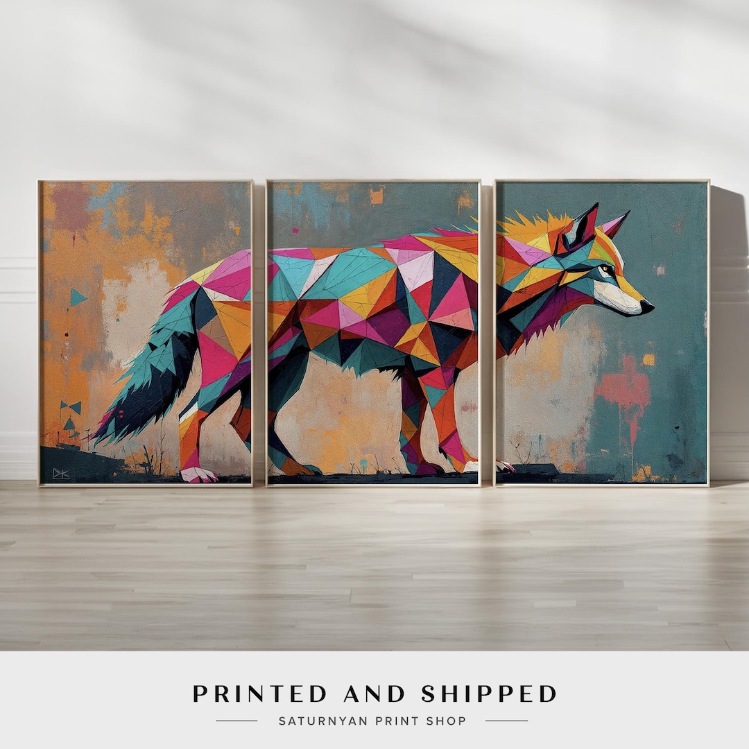 Bold Geometric Wolf Wall Art Set of 3 - Vibrant Abstract Animal Prints ...