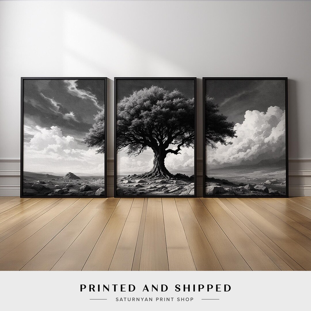 Black and White Lone Tree Wall Art Triptych | Monochrome Landscape 3 ...
