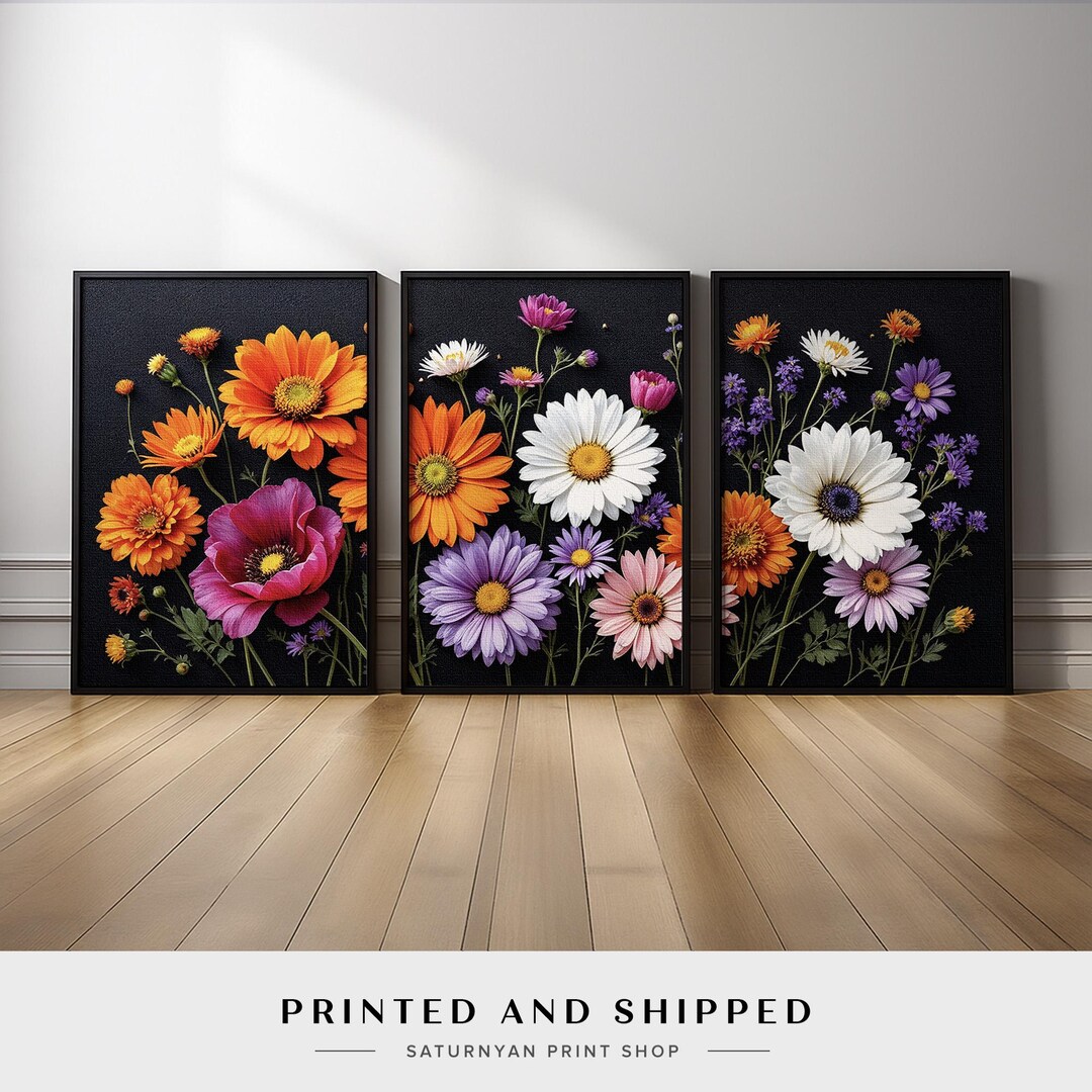 Colorful Floral Wall Art Set of 3 | Daisy, Poppy, and Wildflower ...