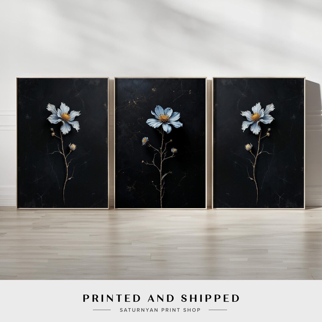 Elegant Blue Flower Wall Art Set of 3, Minimalist Botanical Design on Black Textured Prints ...