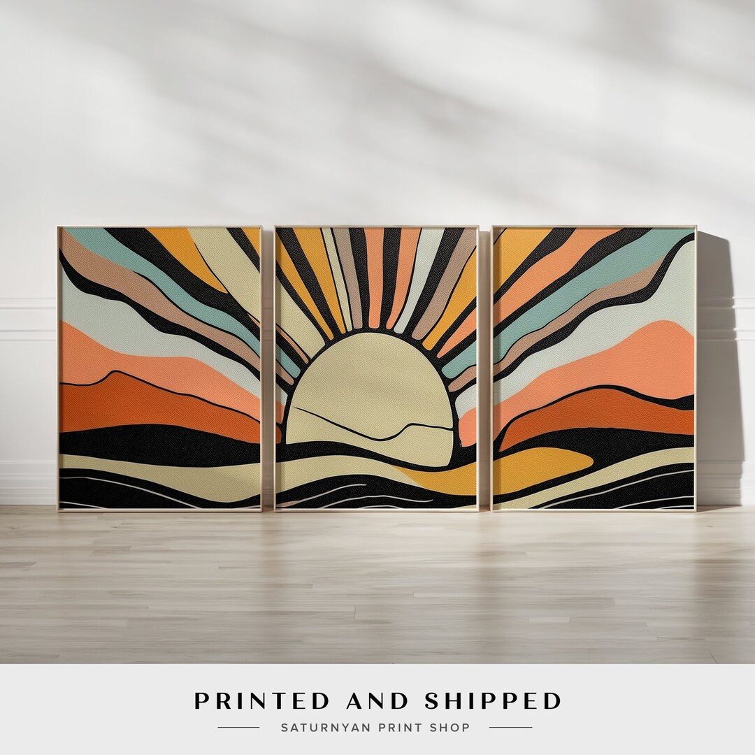 Earthy Sun Rays Wall Art Set of 3 Nature-themed Paintings Neutral Home ...