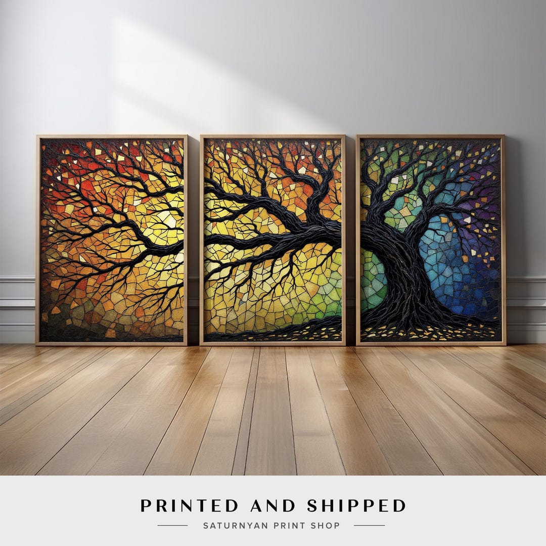 Tree of Life Mosaic Art, Stained Glass Wall Print, Colorful Triptych ...