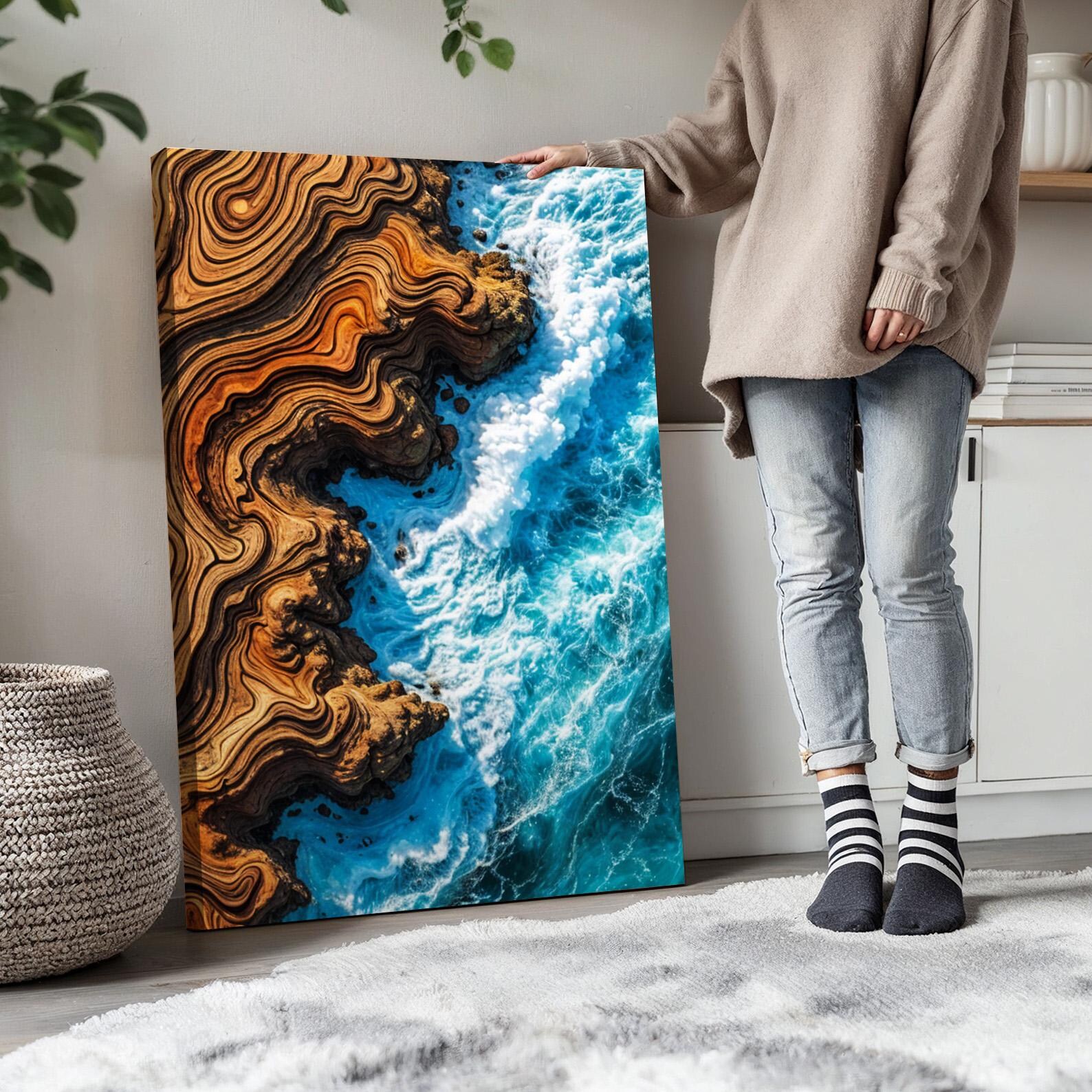 Rustic Coastal Wall Art Set of 3 | Geological Wood Grain and Ocean Wave ...