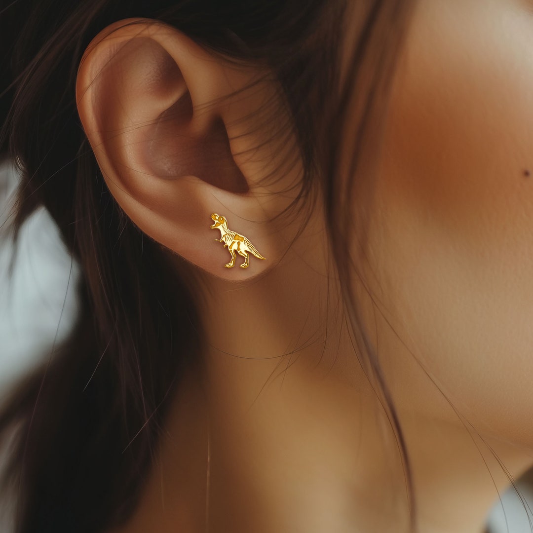 24k Gold Fill T Rex Earrings Tyrannosaurus Studs Fossil Dinosaur ...