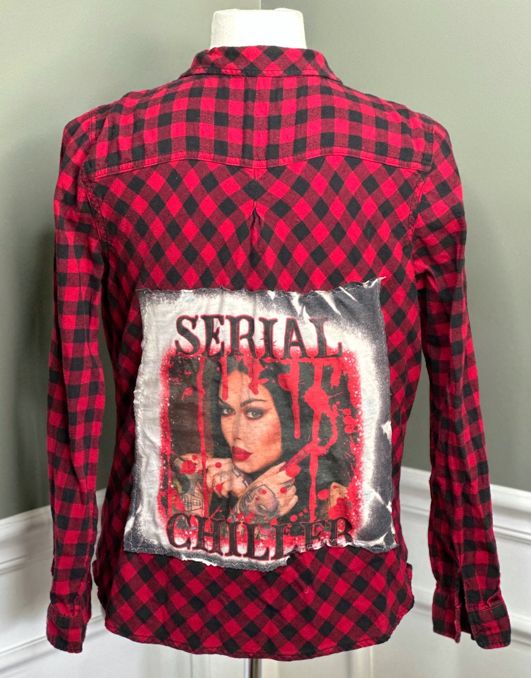 Custom Upcycle Serial Killer Red & Black Plaid Flannel Button Front ...