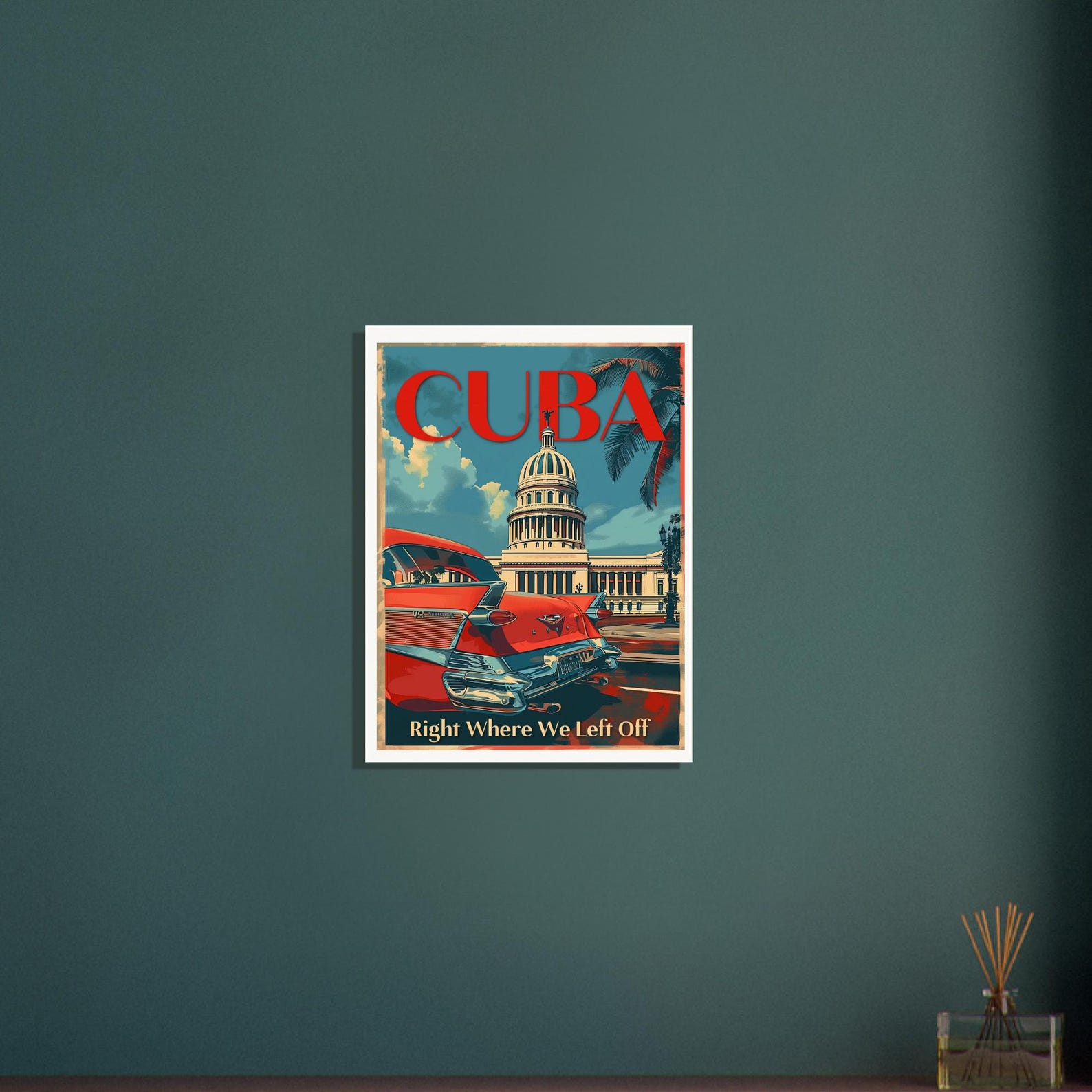 Cuba Wall Art – Vintage Havana Poster Print – Classic Red Car & Capitol ...