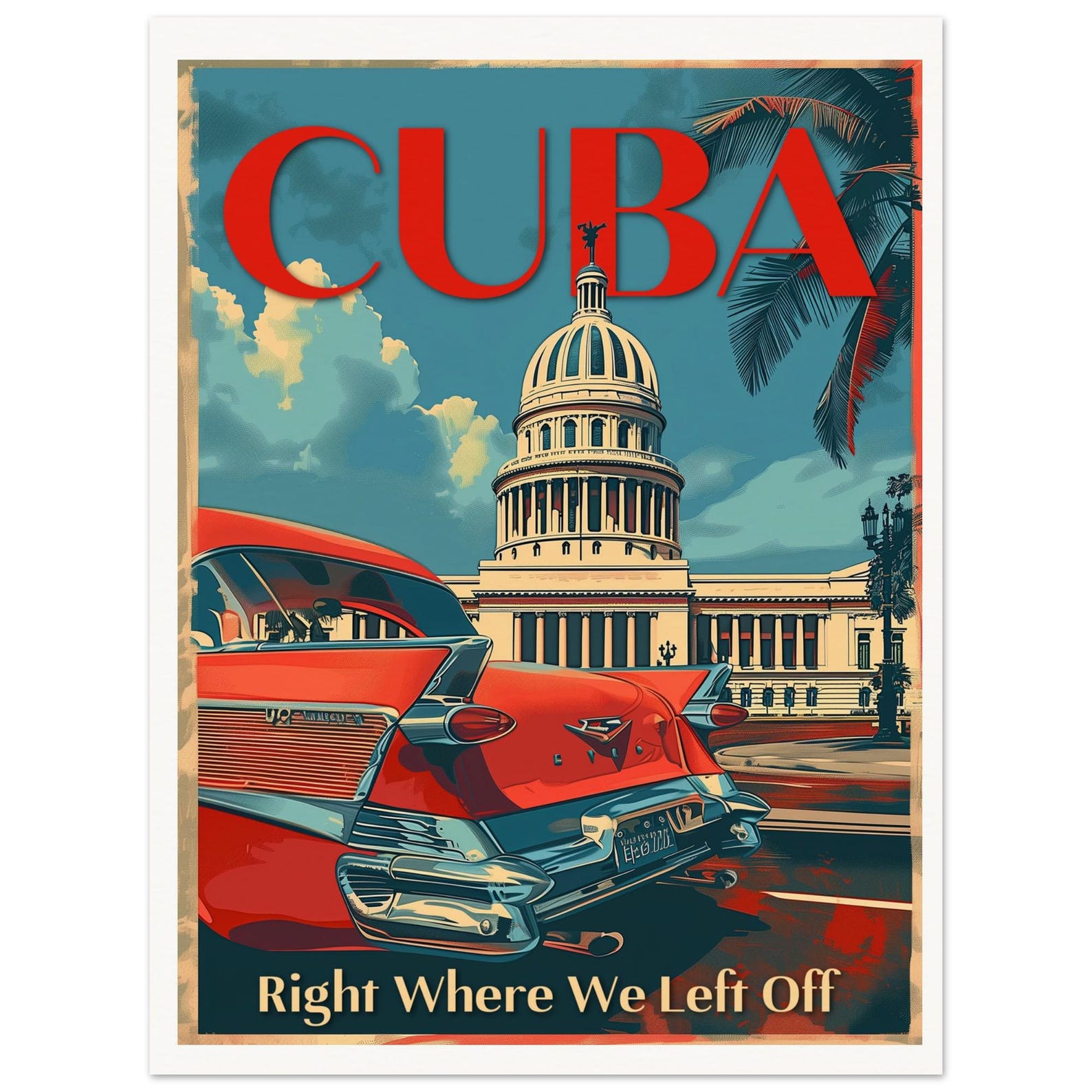 Cuba Wall Art – Vintage Havana Poster Print – Classic Red Car & Capitol ...