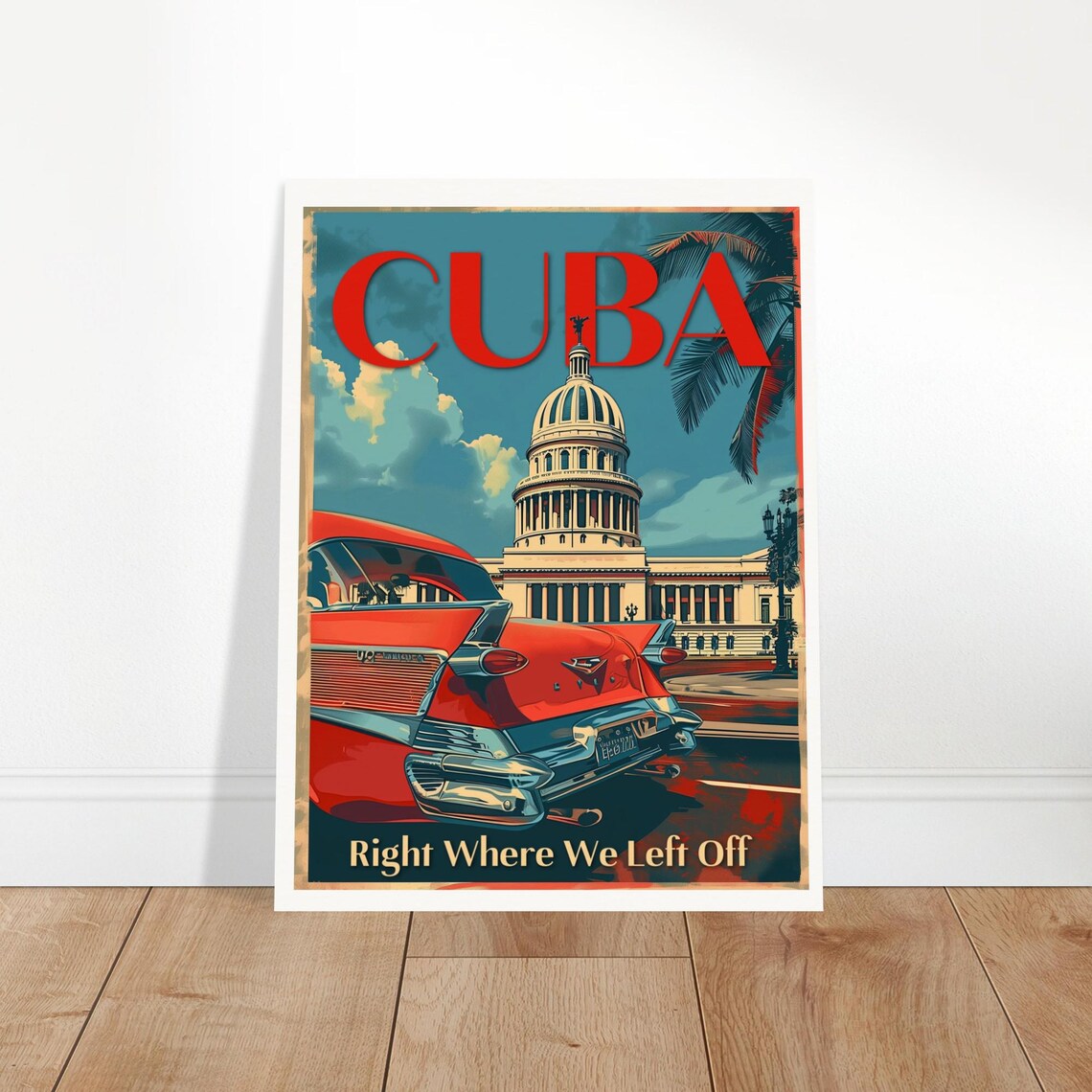 Cuba Wall Art – Vintage Havana Poster Print – Classic Red Car & Capitol ...