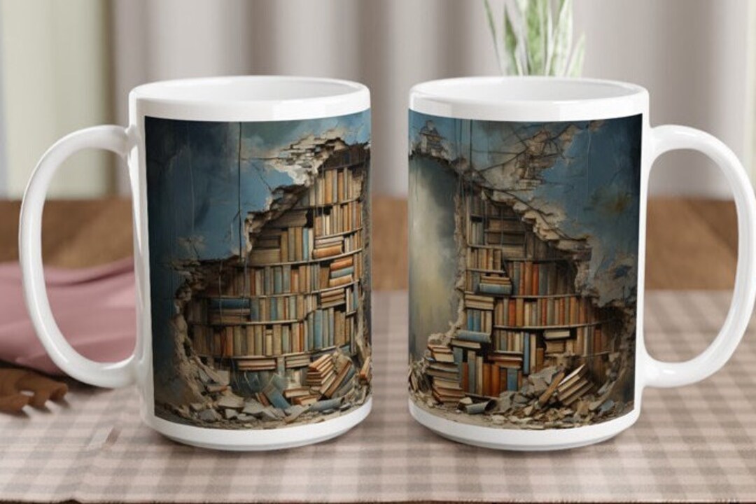 BOOK LOVERS MUG 2 Literary Bookshelf Wonderland Whimsical Cup Mug Tea ...