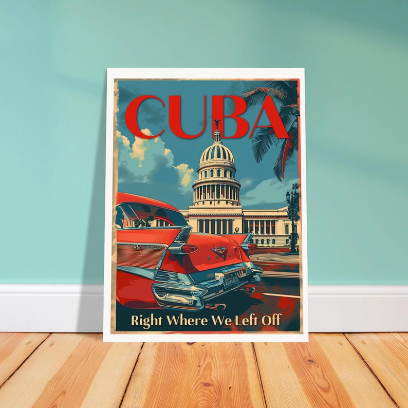 Cuba Wall Art – Vintage Havana Poster Print – Classic Red Car & Capitol ...