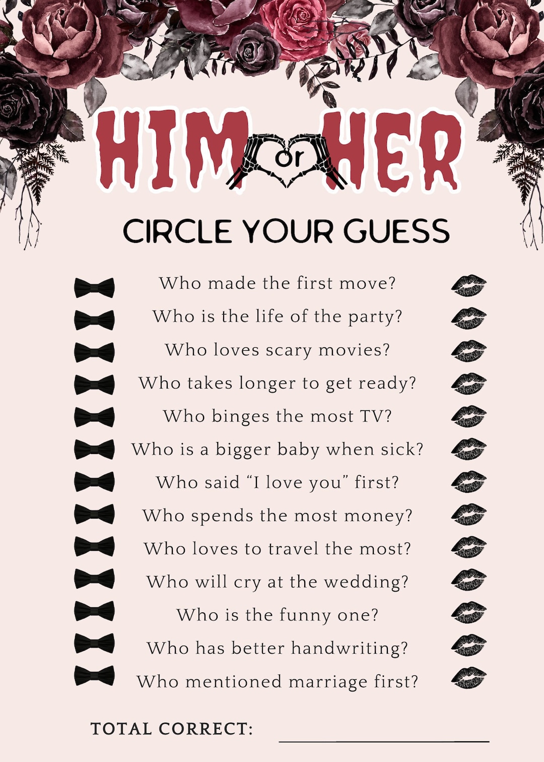 Spooky Bridal Shower, Him or Her Bridal Game, Halloween Bride, PDF ...
