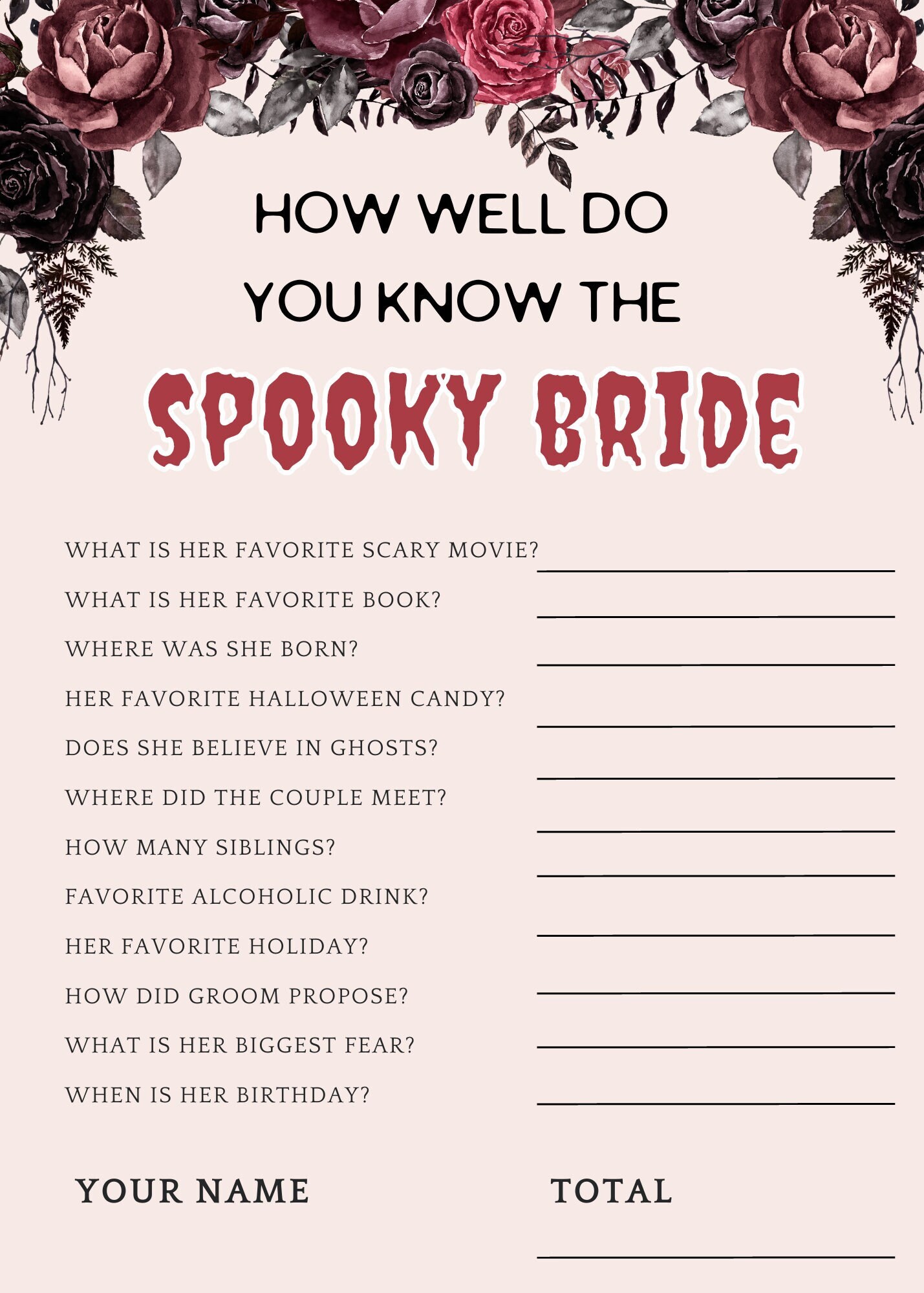 Spooky Theme, Bridal Shower Game, Do You Know the Bride, Spooky Bride ...