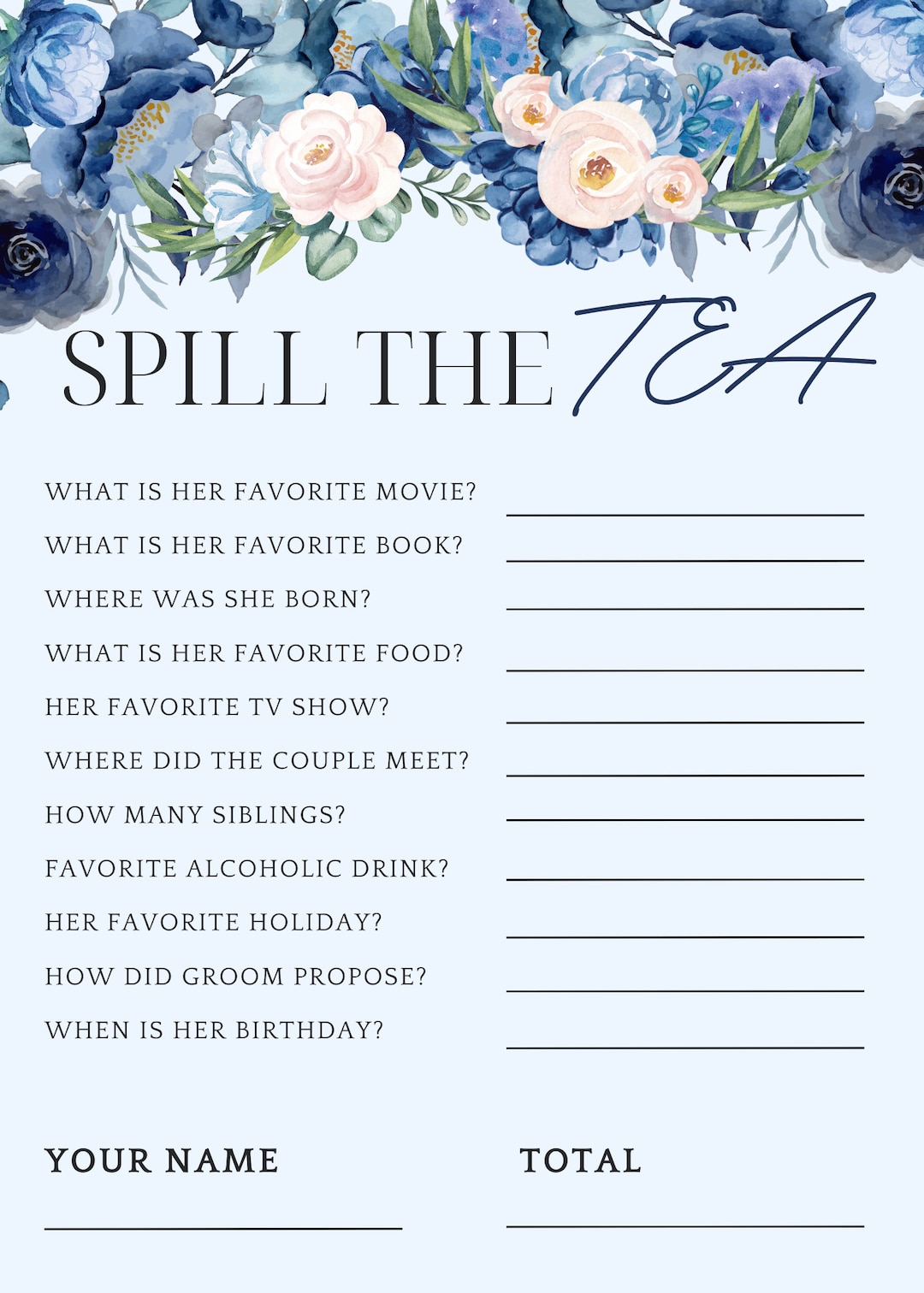 Bridal Shower Game, Blue Flowers, Spill the TEA, PDF, Easy Print ...