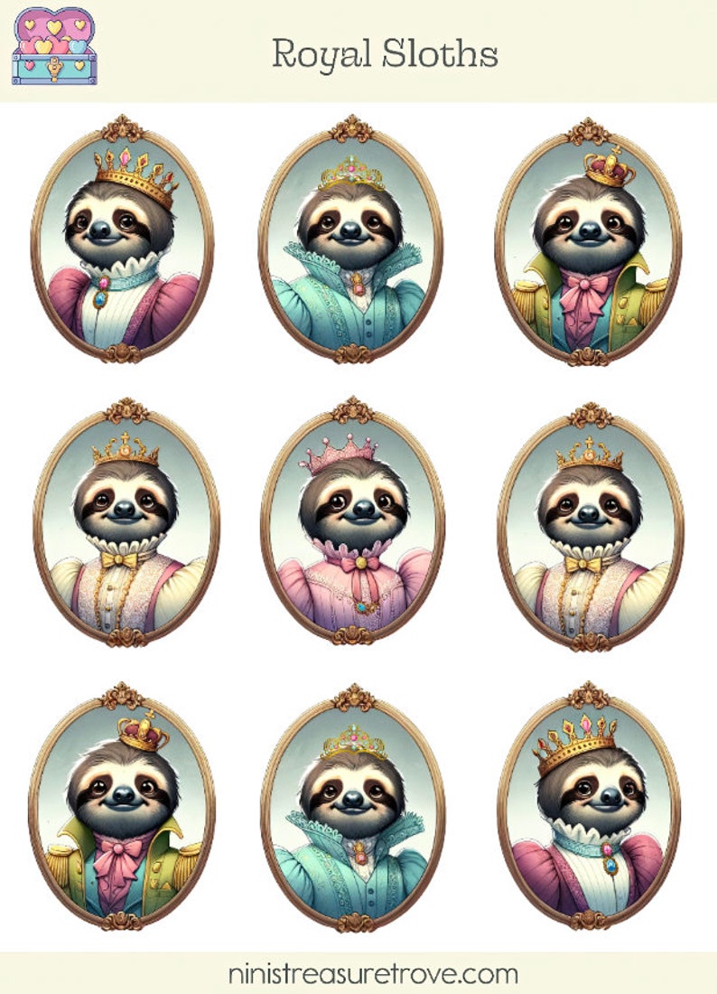 Royal Sloths Sticker Sheet, Noble King and Queen Sloth, Regal Sloth ...