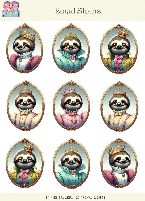 Royal Sloths Sticker Sheet, Noble King and Queen Sloth, Regal Sloth Portraits Glossy Kiss Cut ...