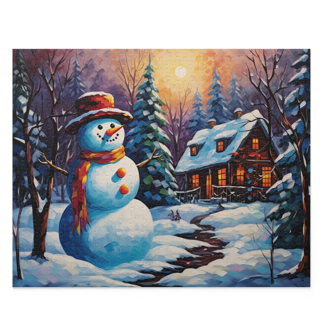Winter Puzzle, Snowy Cabin and Snowman Jigsaw Puzzle, Perfect Indoor ...
