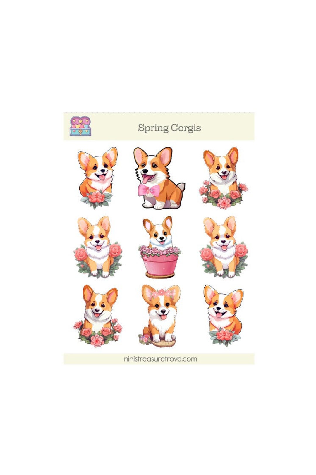 Spring Corgi Sticker Sheet, Valentines Flower Corgi Puppy Stickers ...