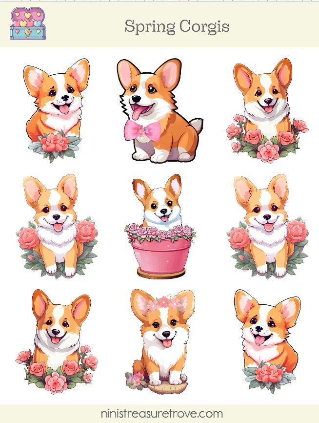 Spring Corgi Sticker Sheet, Valentines Flower Corgi Puppy Stickers ...