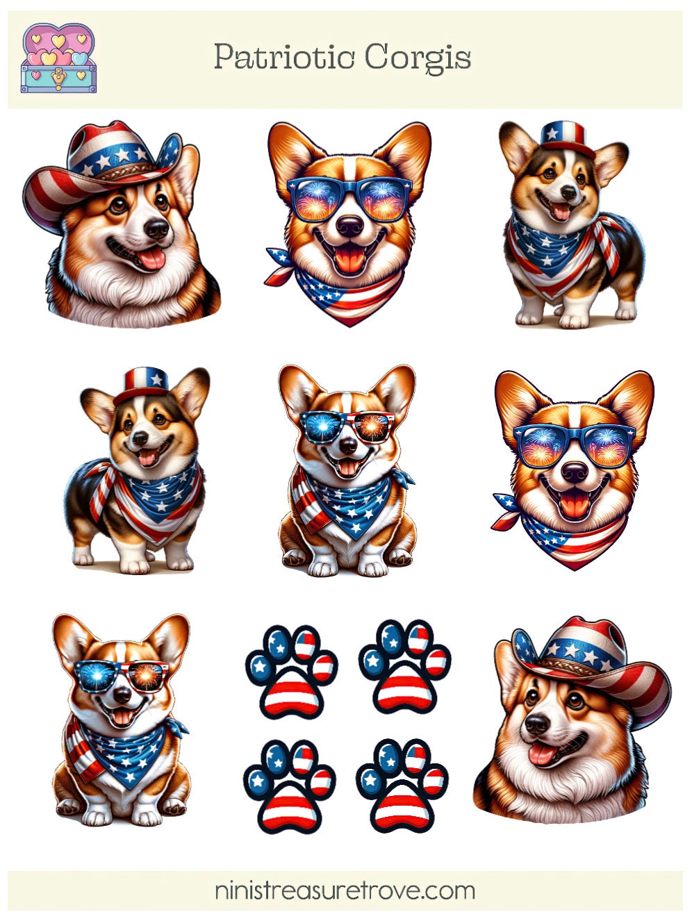 Patriotic Corgi Sticker Kiss Cut Sheet, Cute USA American Flag Theme ...