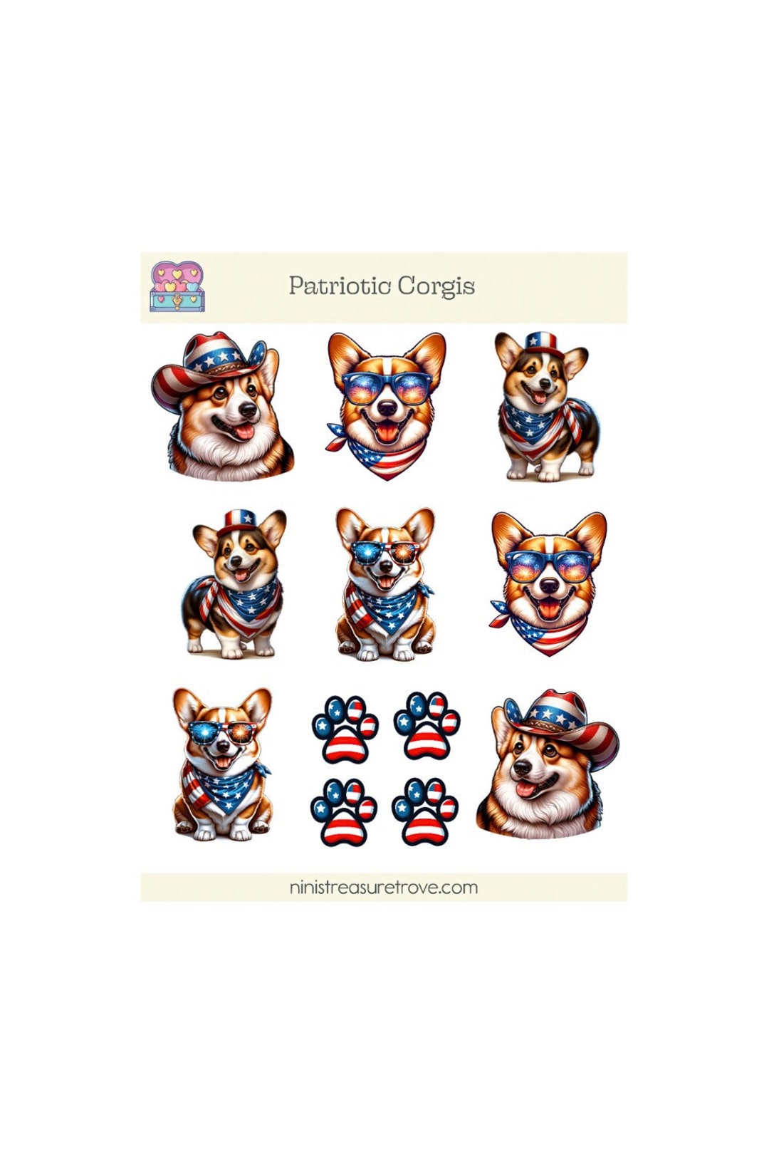 Patriotic Corgi Sticker Kiss Cut Sheet, Cute USA American Flag Theme ...