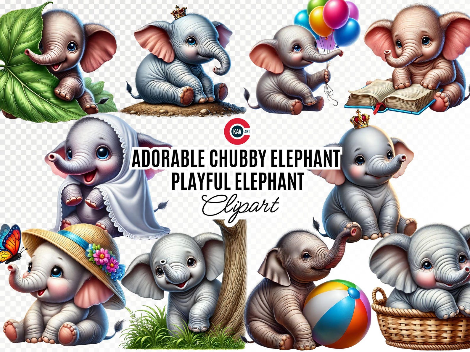 Elephant Clipart, Cute Baby Elephant Clipart, Playful Baby Elephant ...