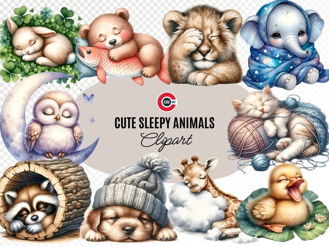Cute Sleepy Animals Watercolor Clipart, Nursery Decor, Baby Shower ...