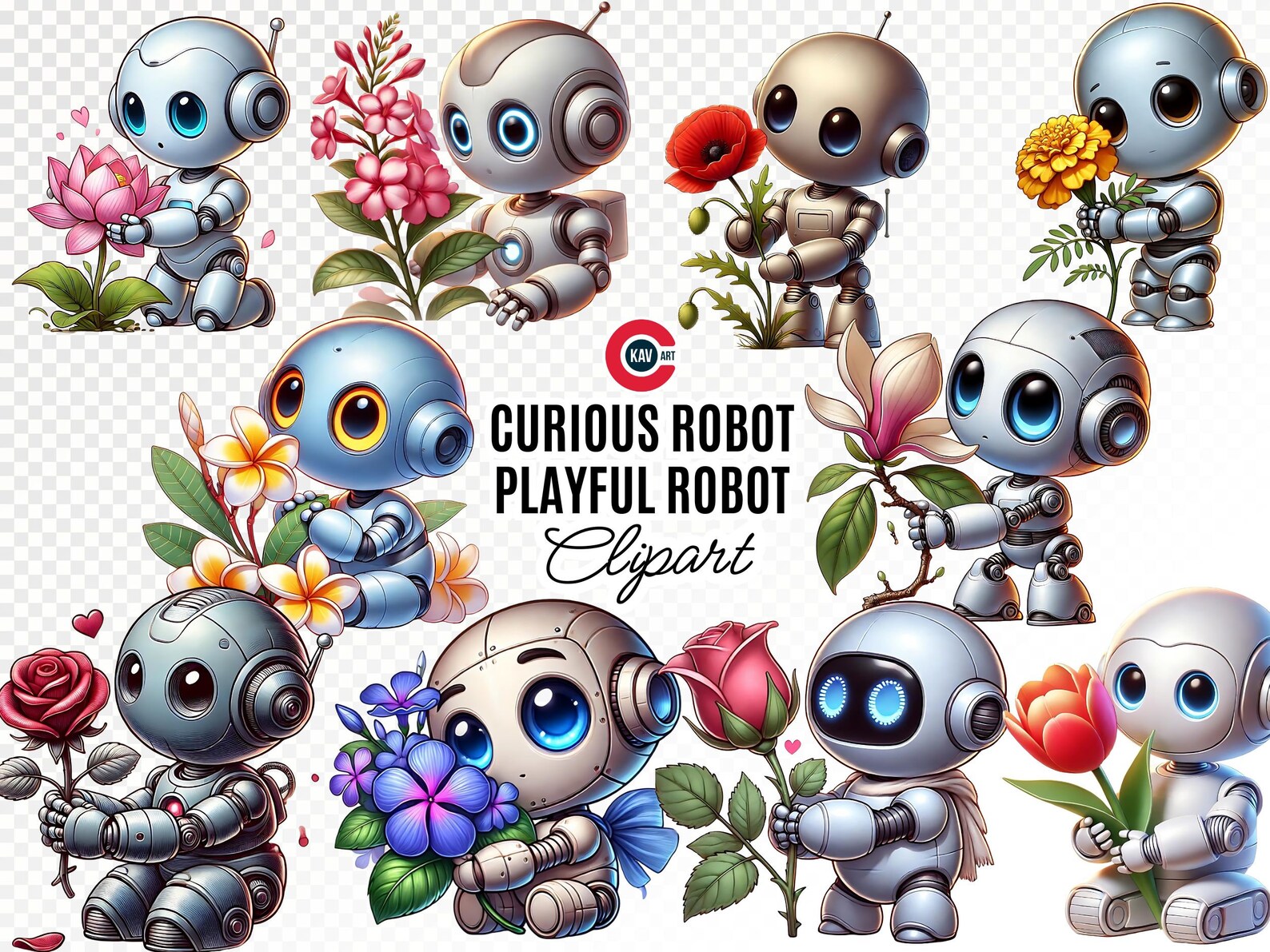 Robot Clipart, Robot With Flower, Curious Emotions of Robot, Curious ...