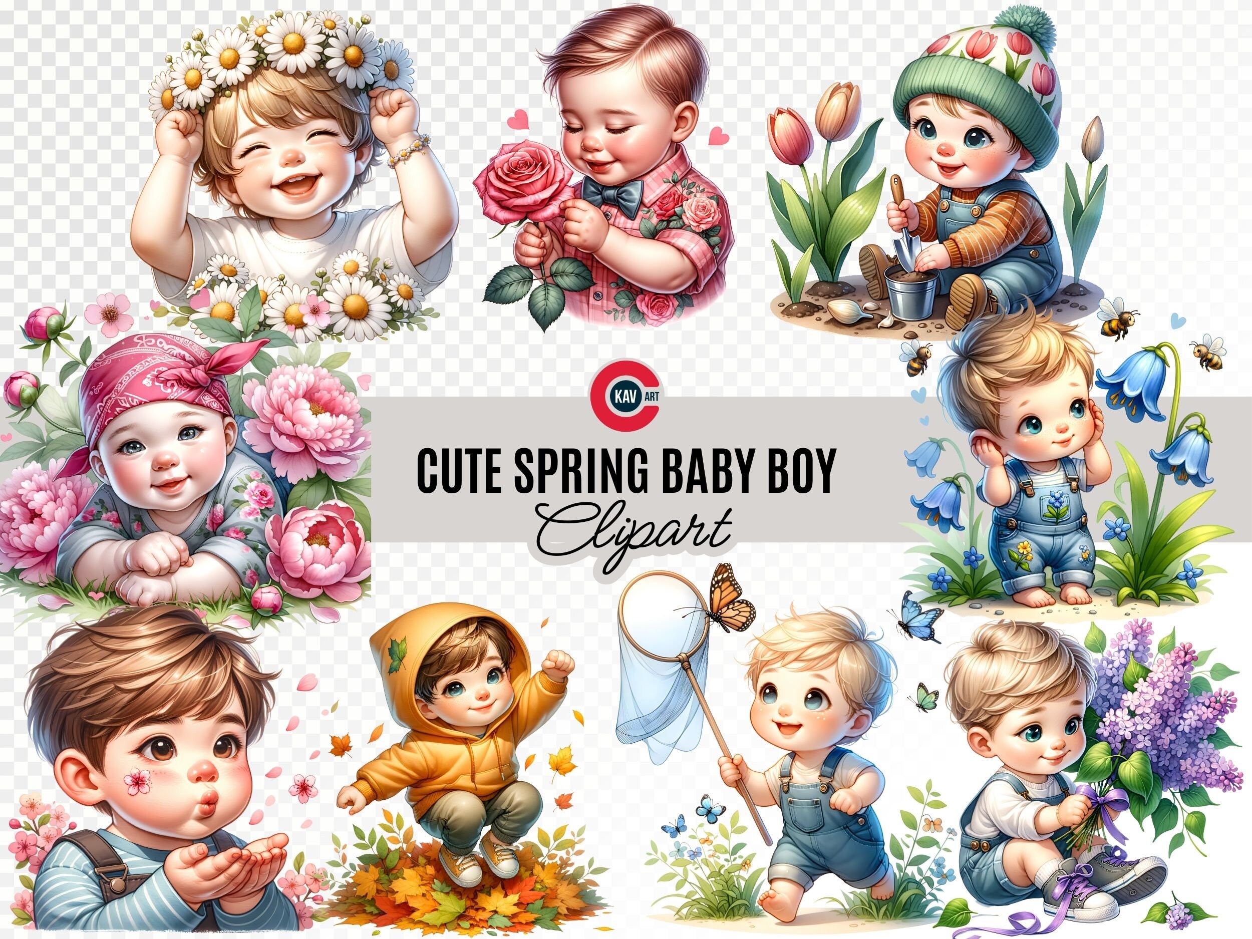 Cute Happy Boy With Spring Flowers Clipart, Cute Happy Boy With Flower ...